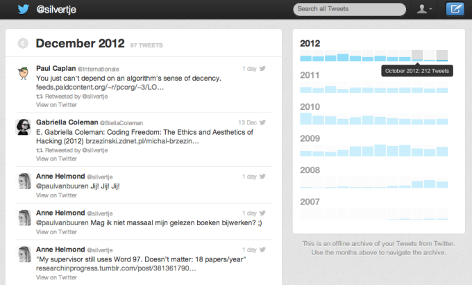 Twitter data available in CSV and JSON with a nice HTML view – Anne Helmond